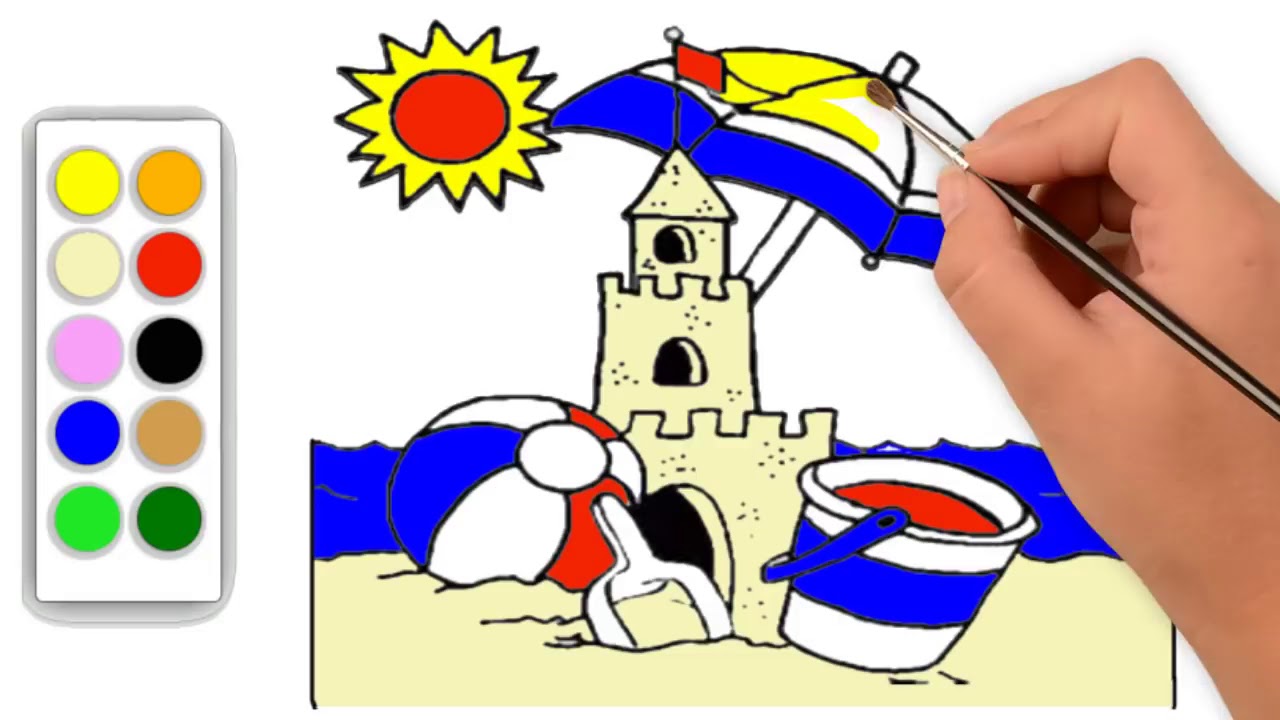 Beach Cloring and Drawing for Children How to draw a Castle and Toys on ...