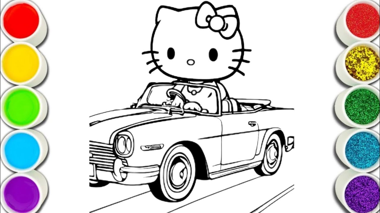 Hello kitty drive a car drawing and colouring for kids and toddlers ...