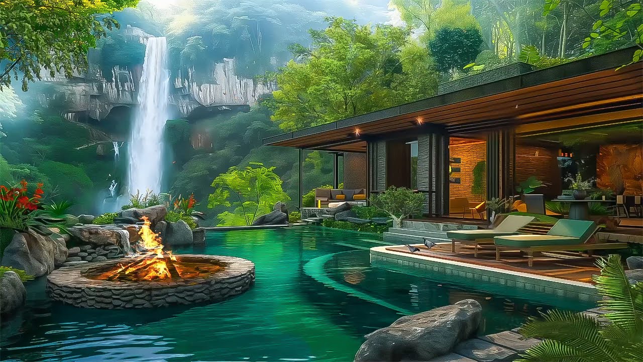 Forest Retreat with Fireplace and Waterfall 🌳Nature Sounds | Fresh ...