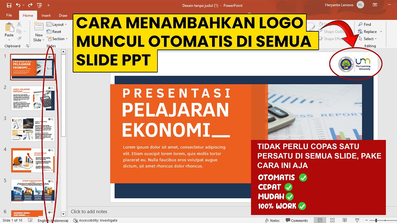 CARA CEPAT MEMASUKKAN LOGO OTOMATIS DI SEMUA SLIDE POWERPOINT - YouTube