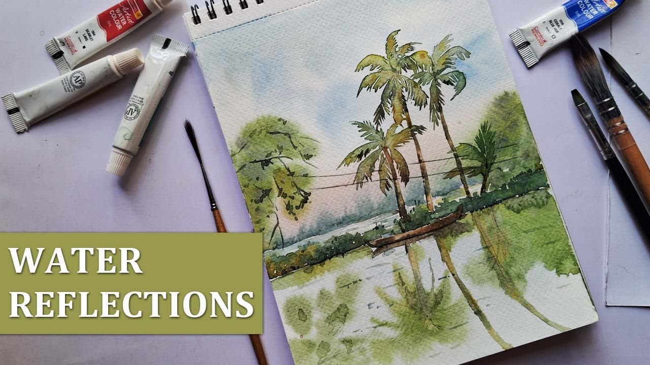 Reflection painting in watercolour | Simple coconut tree painting - YouTube