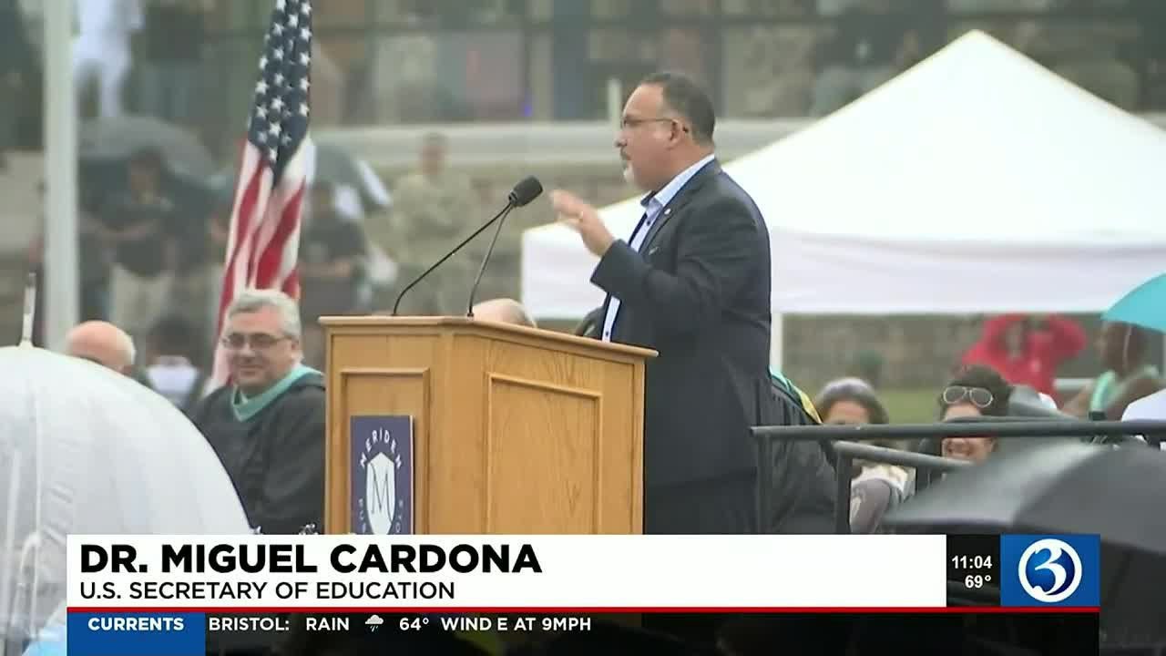 U.S. Secretary of Education Miguel Cardona speaks at Platt High School ...
