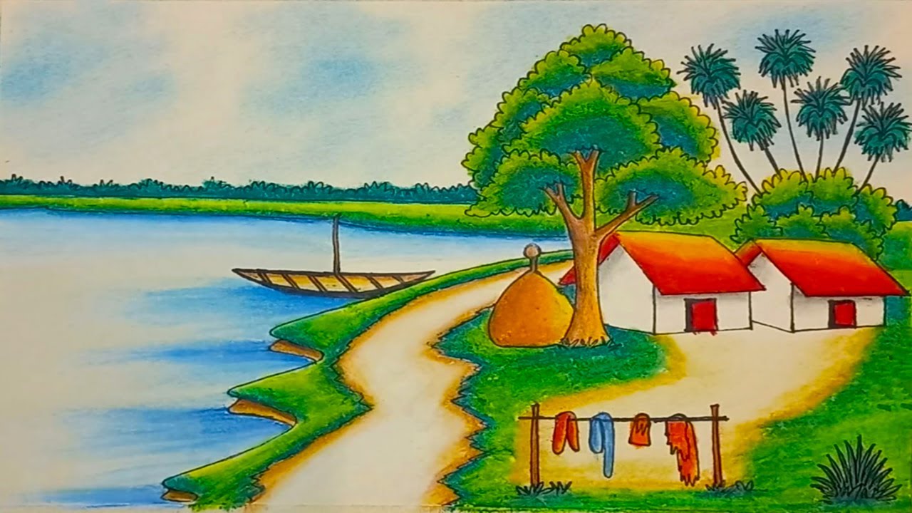 How to draw easy village scenery drawing/ riverside village scenery ...