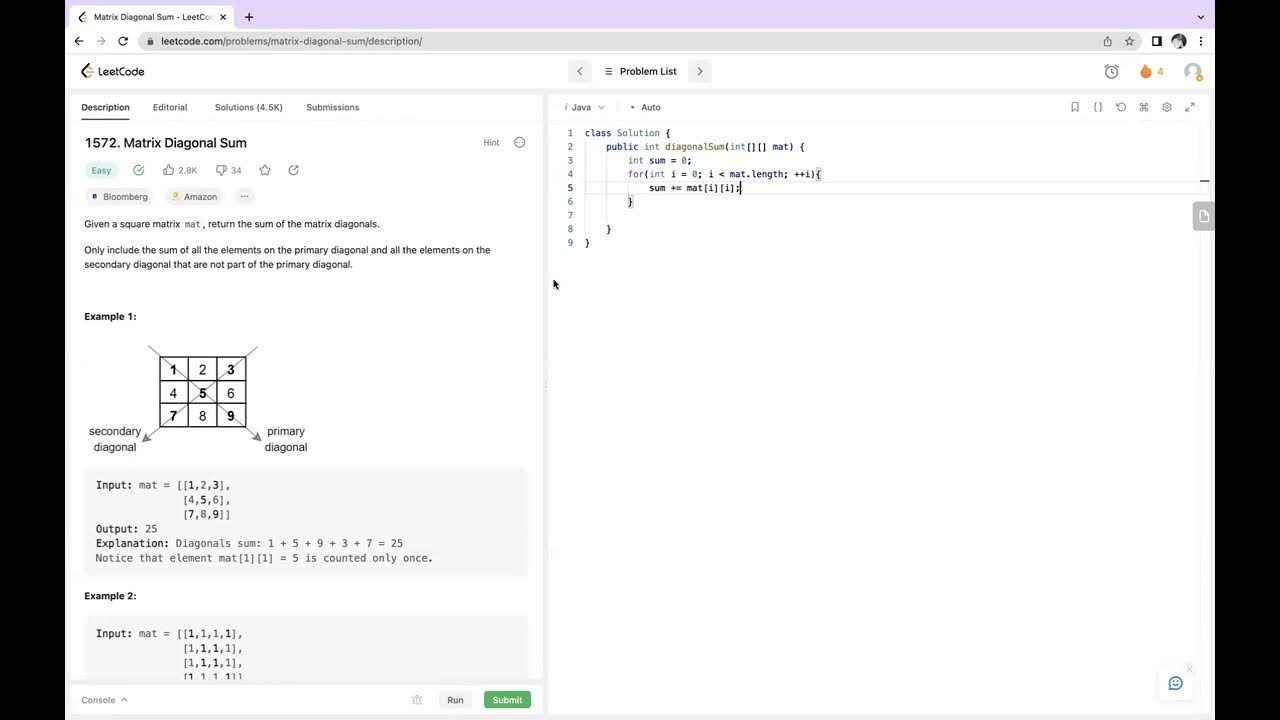 1572. Matrix Diagonal Sum - YouTube