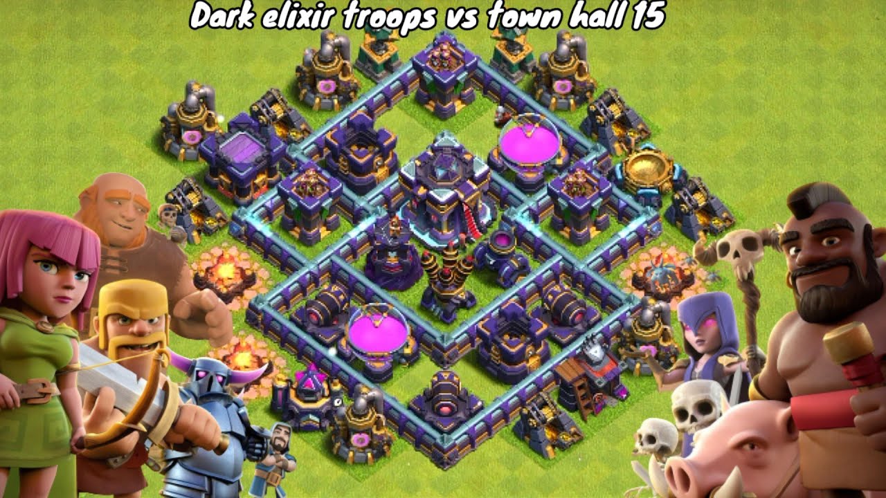 Dark elixir troops vs town hall 5 but town hall 15 defense - YouTube