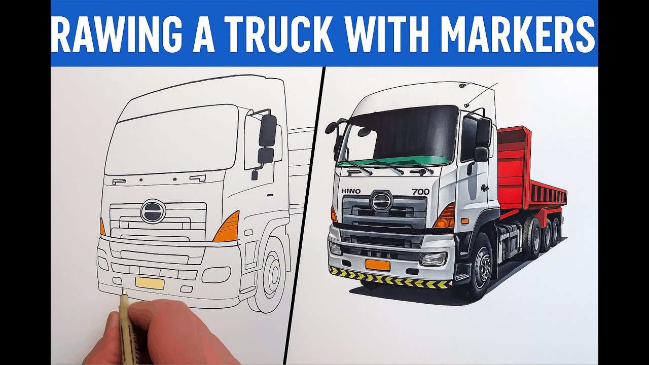 Realistic Hino 700 Truck Drawing Sketch to Color with Markers - YouTube