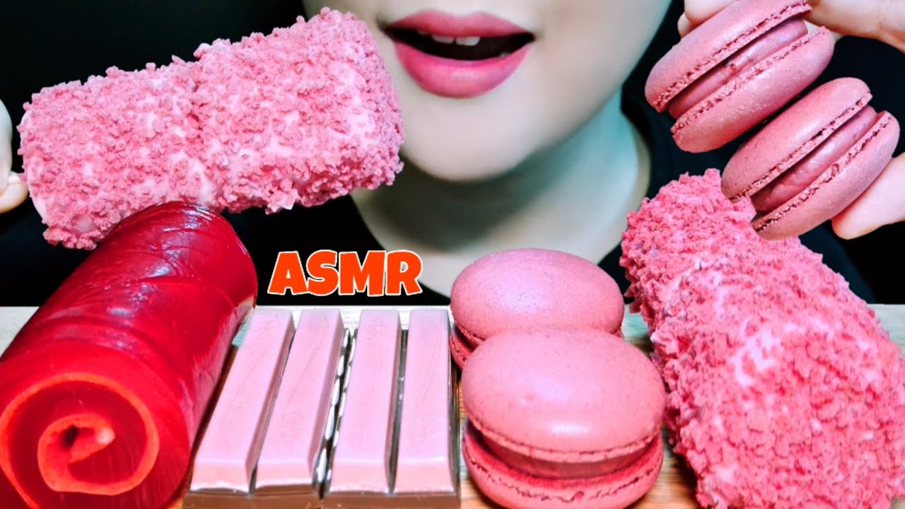 ASMR RASPBERRY & STRAWBERRY DESSERTS 라즈베리 마카롱, 회오리 젤리, 딸기 마시멜로우, 초콜릿 ...