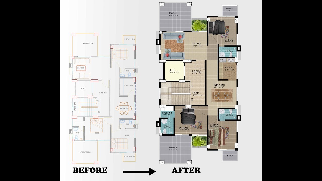 PHOTOSHOP TUTORIAL: 2D ARCHITECTURAL PLAN RENDERING II PART 2 - YouTube