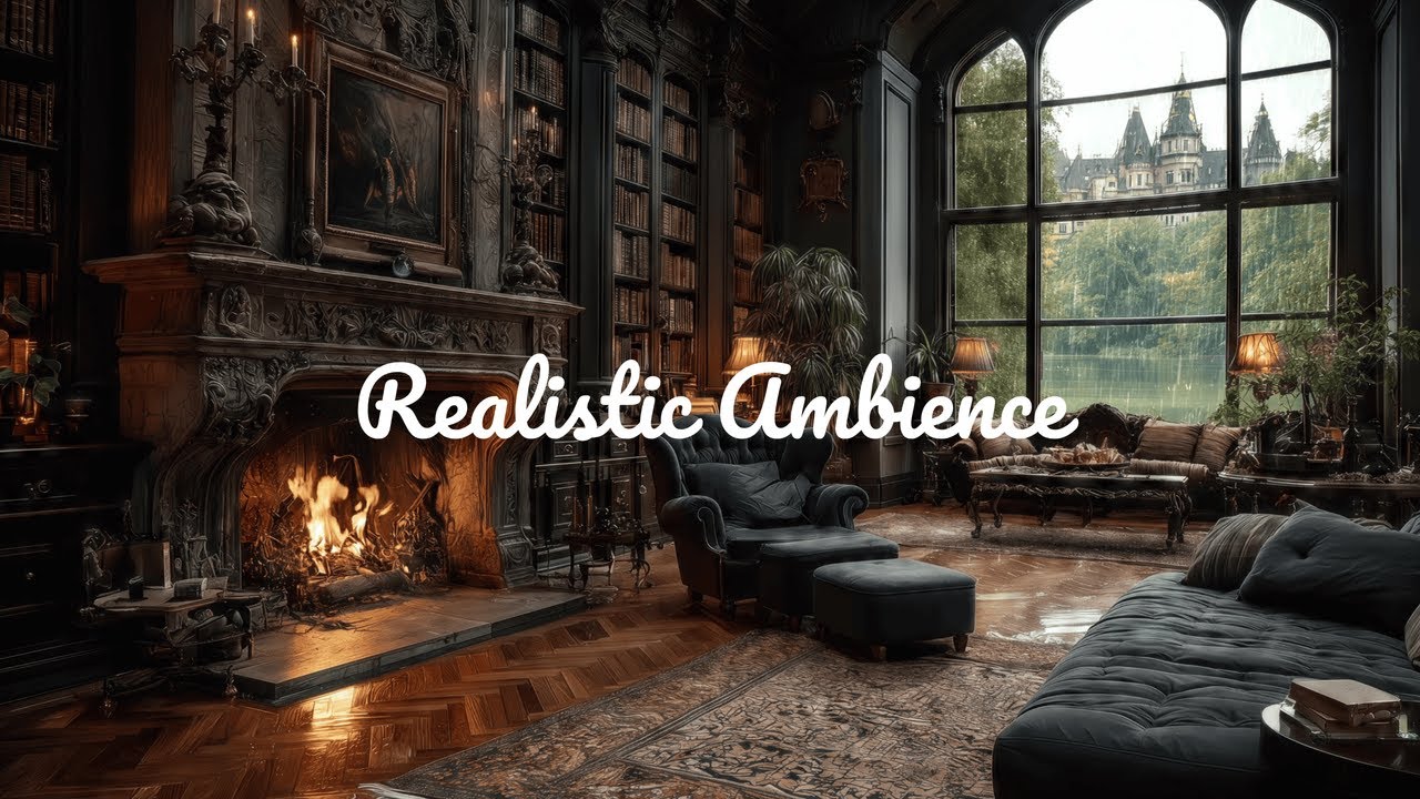 🌧️ Cozy Rainy Library with Crackling Fireplace | Relax, Sleep & Study ...