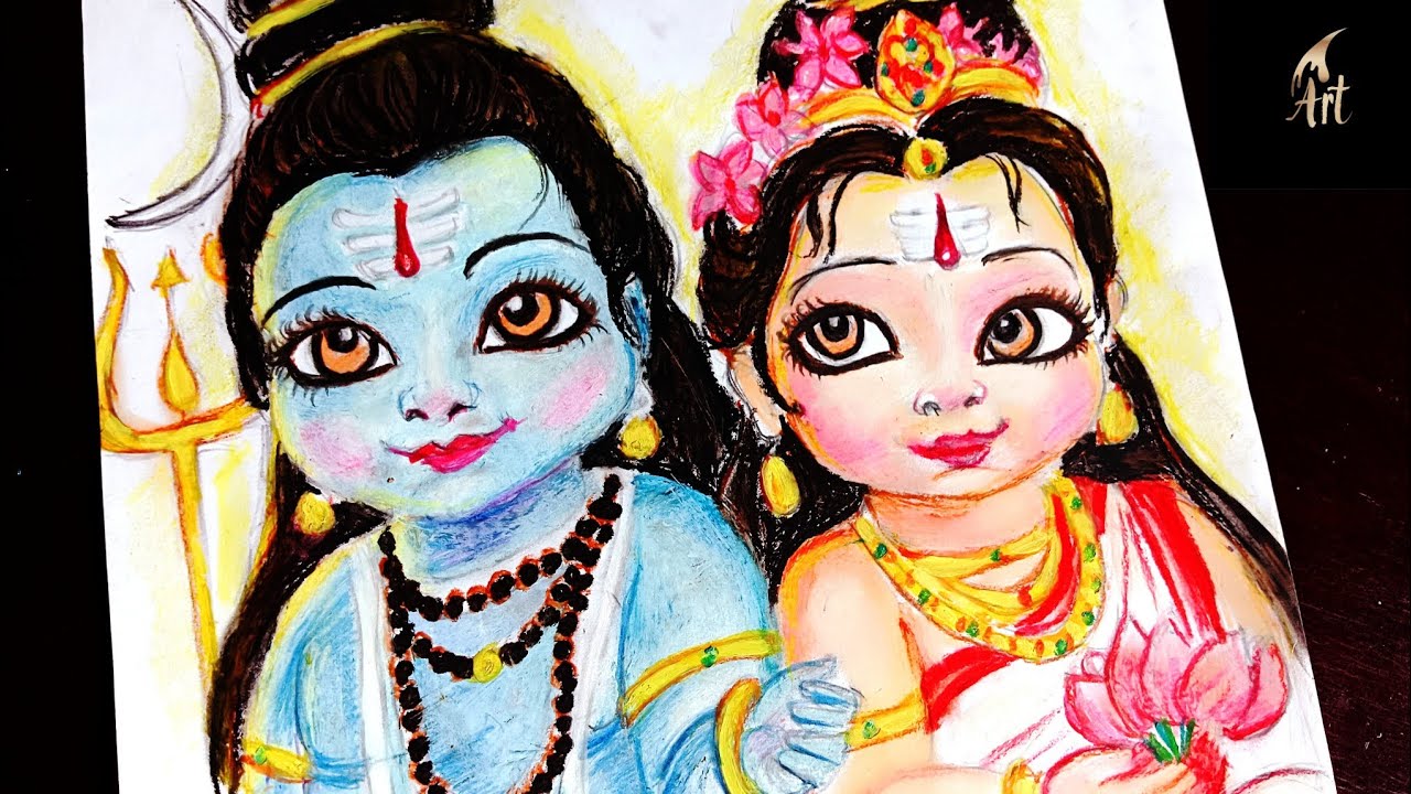 Shiva Parvati Jiii Cute Drawing 😍/ Oil pastel colour /How to draw ...
