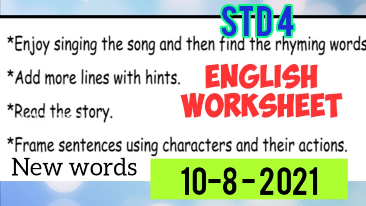 Class 4 English Worksheet Aug 10 4 Th Std English Worksheet 10 8 21 Std Class 4 English Worksheet Aug 10 4 Th Std English Worksheet 10 8 21 Std