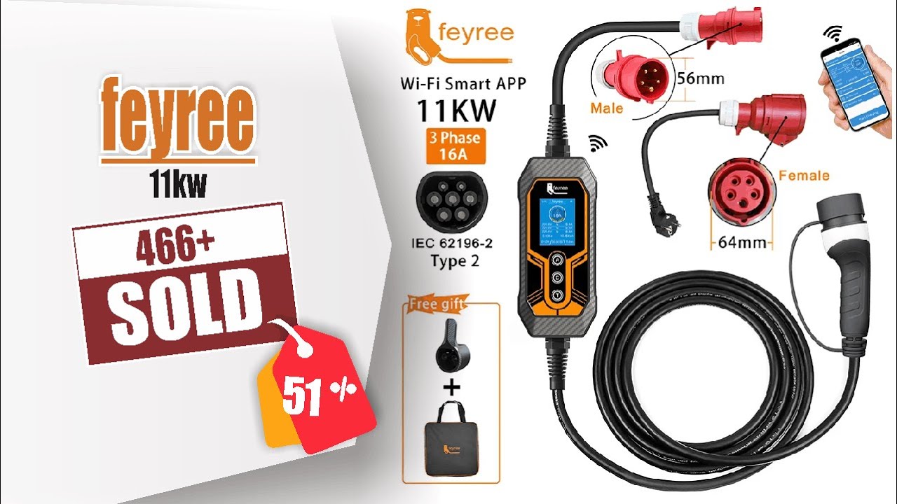 Feyree Type 2 Portable EV Charger 11KW 16A 3 Phase Wi-Fi APP Bluetooth ...