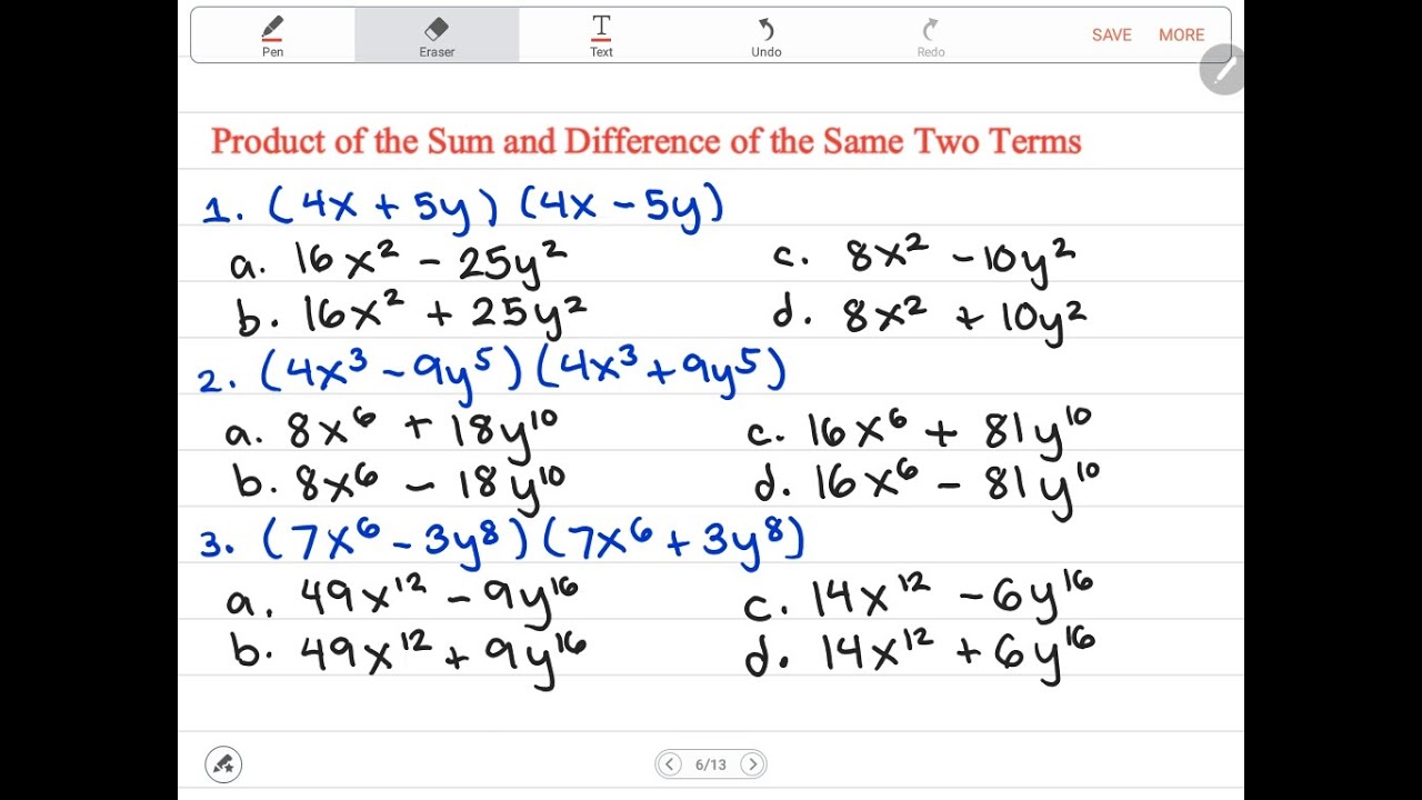 SPECIAL PRODUCTS (SUM AND DIFFERENCE OF THE SAME TWO TERMS) | Dave ...