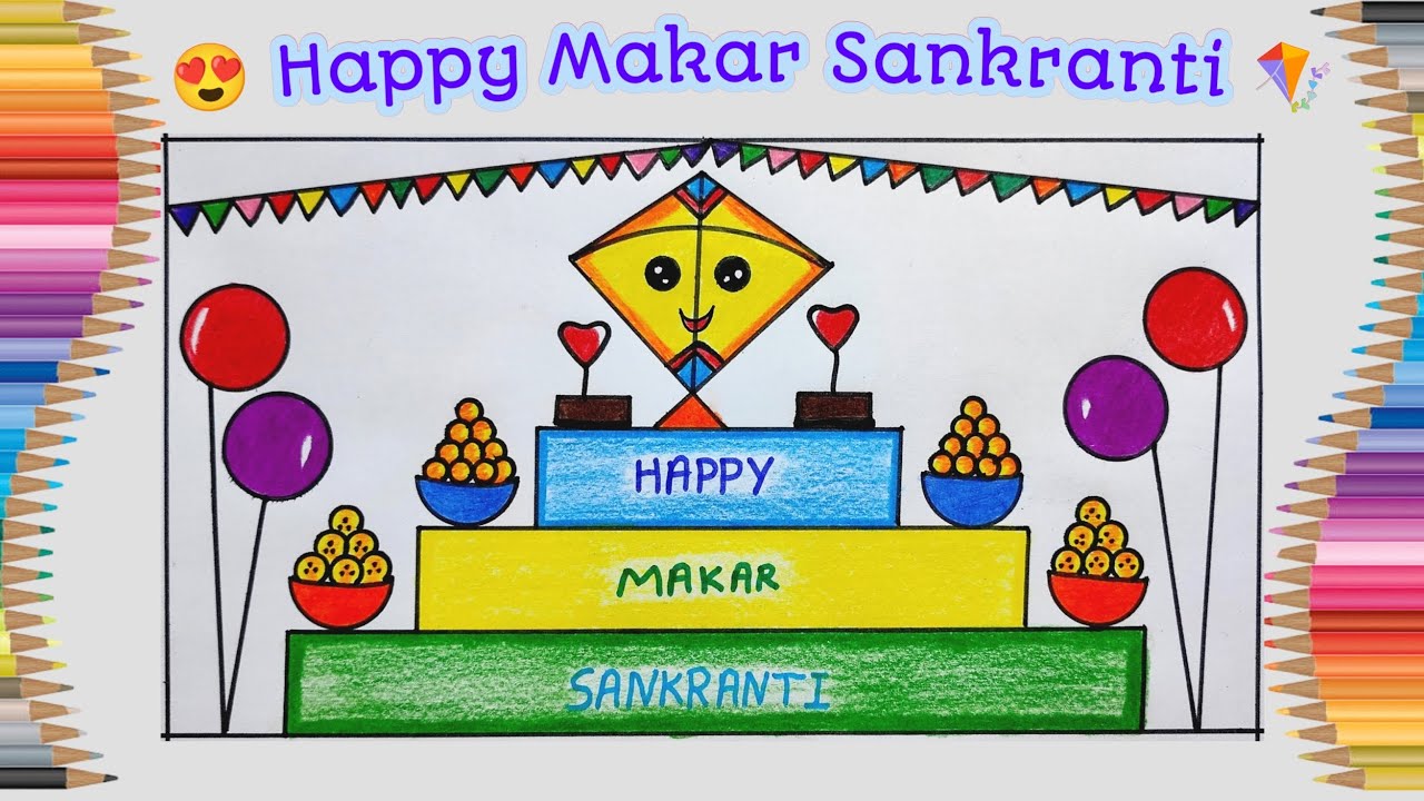 Makar Sankranti Drawing Easy | Happy Uttarayan Drawing | How to Draw ...