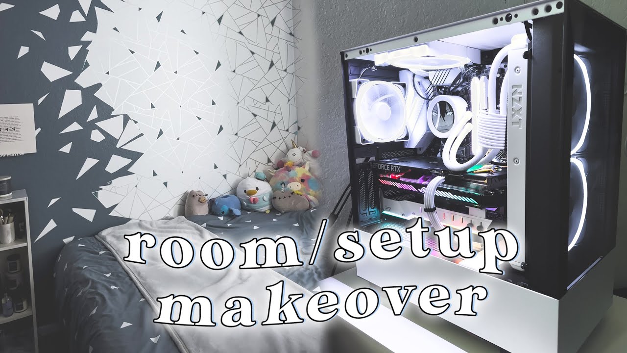 room makeover: aesthetic gaming setup & white pc build - YouTube