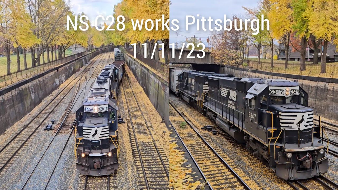 EMD SD40Es lead Norfolk Southern local train through Allegheny Commons Park - YouTube
