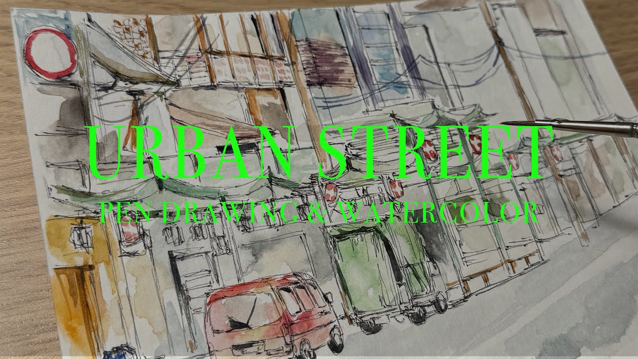 Urban street pen drawing and watercolor painting - street in japan ...