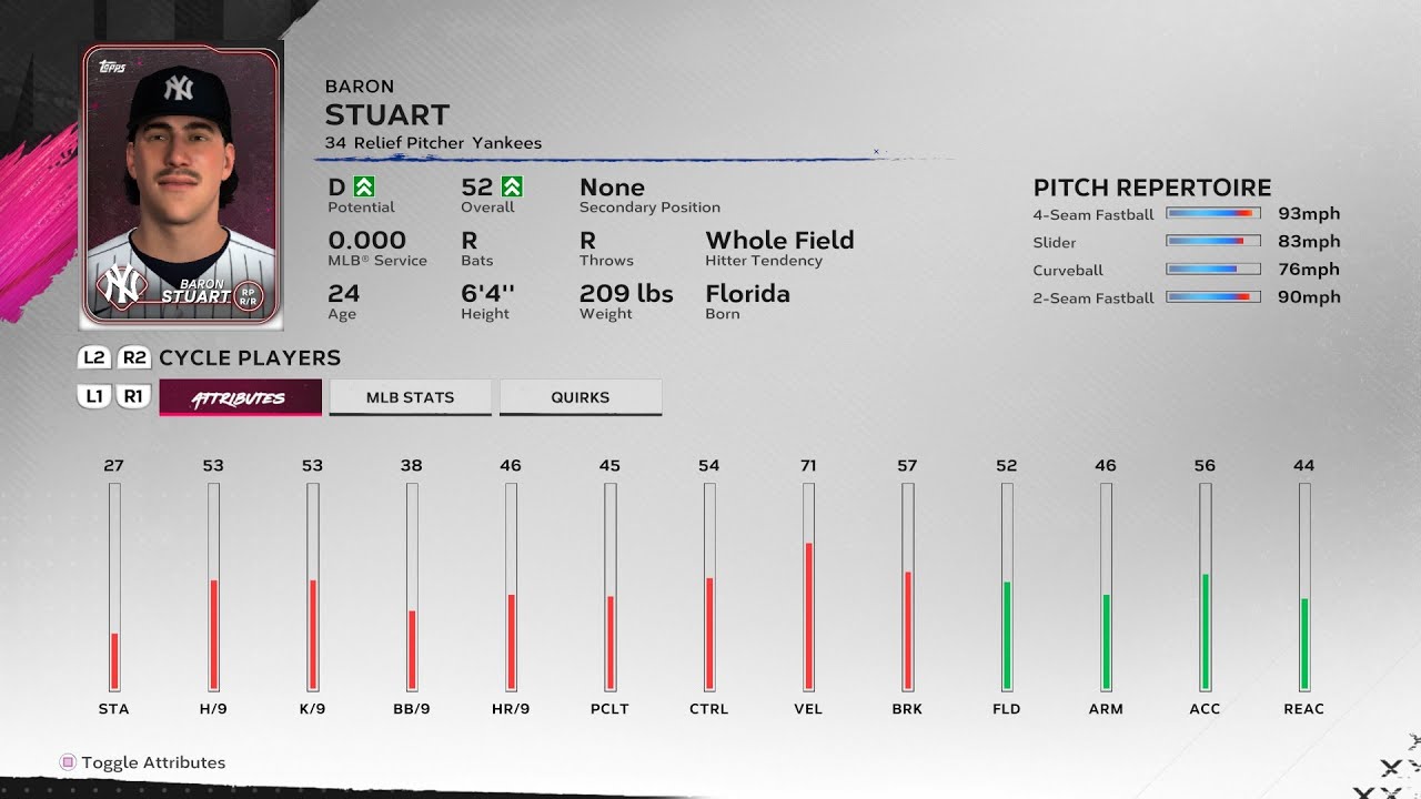【MLBTheShow24Stats/メジャーリーグ選手能力】Yankees1A 34 Baron Stuart ヤンキース1A バロン ...