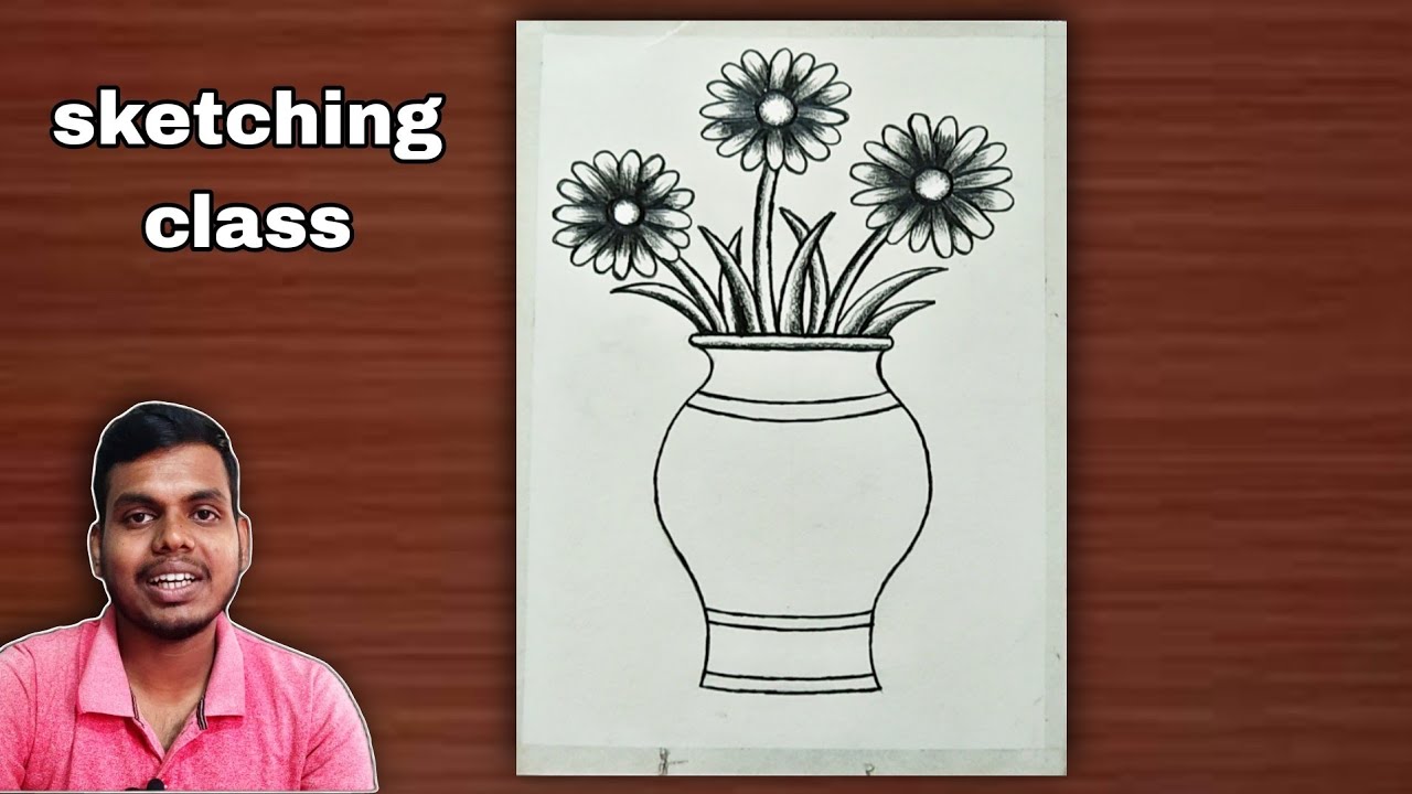 flower pot drawing || pencil sketch step by step || drawing class - YouTube
