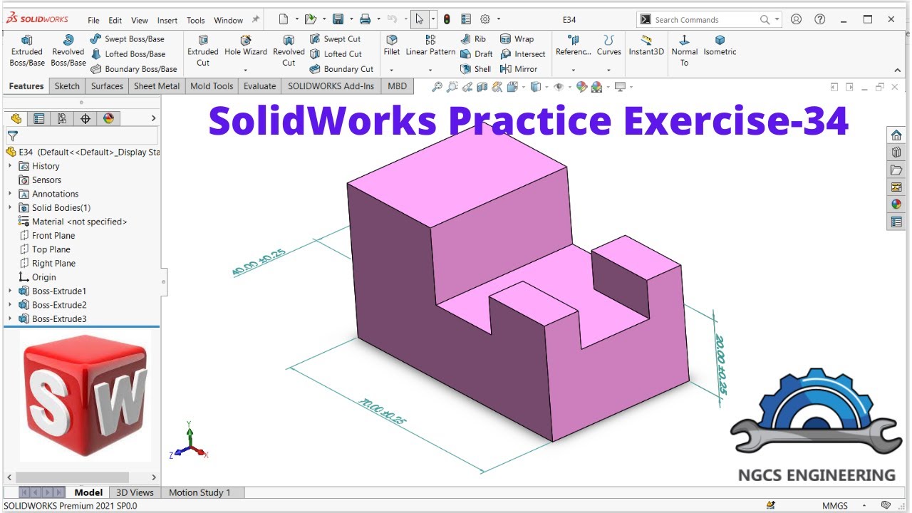 SolidWorks Practice EXERCISE-34 || Extruded boss/base, Rectangle, line ...