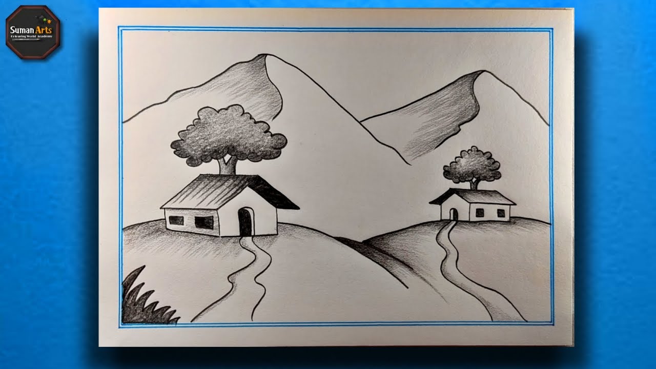 How To Draw a Landscape Scenery Pench Sketch Easy Stap By Step House ...