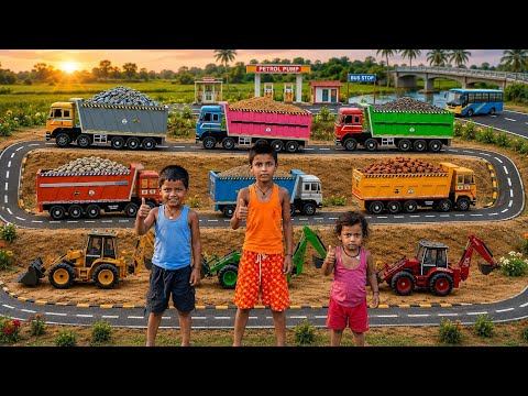 A video showcasing a JCB tractor, a Tata Dumper Truck 2518 parking, and an animated JCB vehicle. 🚜🚚🚧