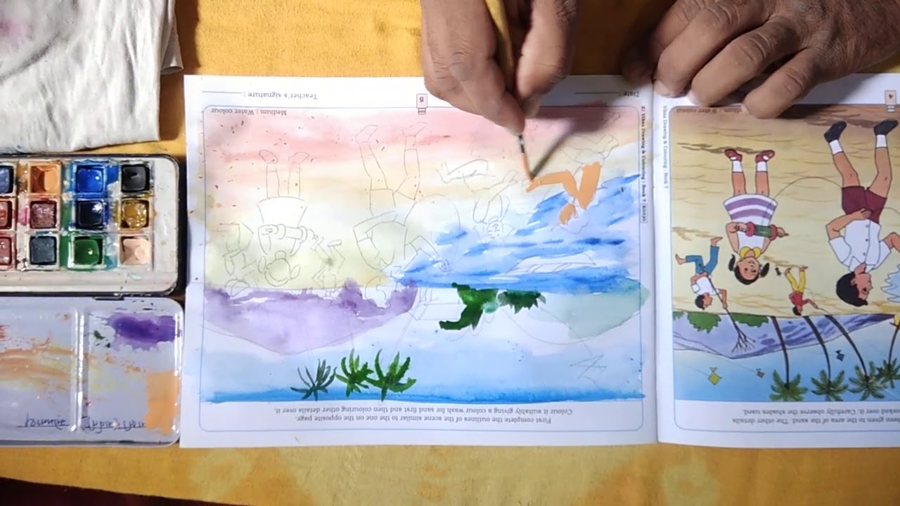 memory drawing - children flying the kites. drawing & colouring by ...