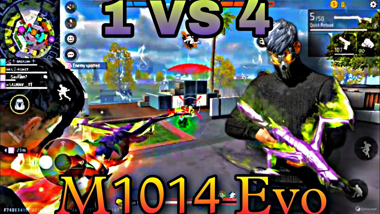 M1014 gameplay in 1 vs 4 || evo m1014 || free fire 1 vs 4 || free fire - YouTube