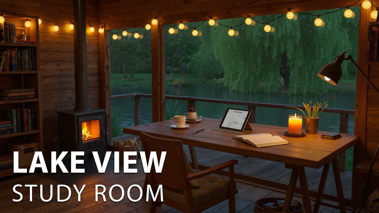 Study Room By Lake with Relaxing Jazz Music, Rain Sounds & Fireplace ...