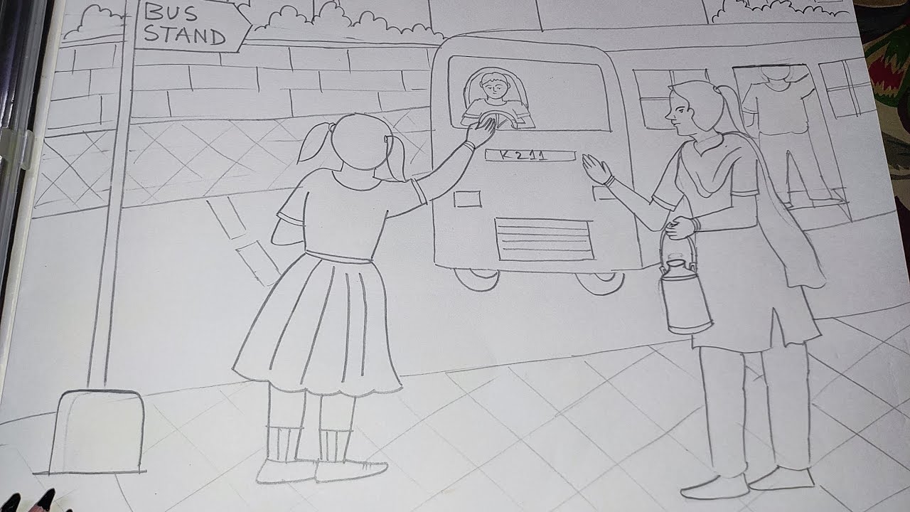 Bus stand Scenery Drawing|| How To Drawing simple scenery - YouTube