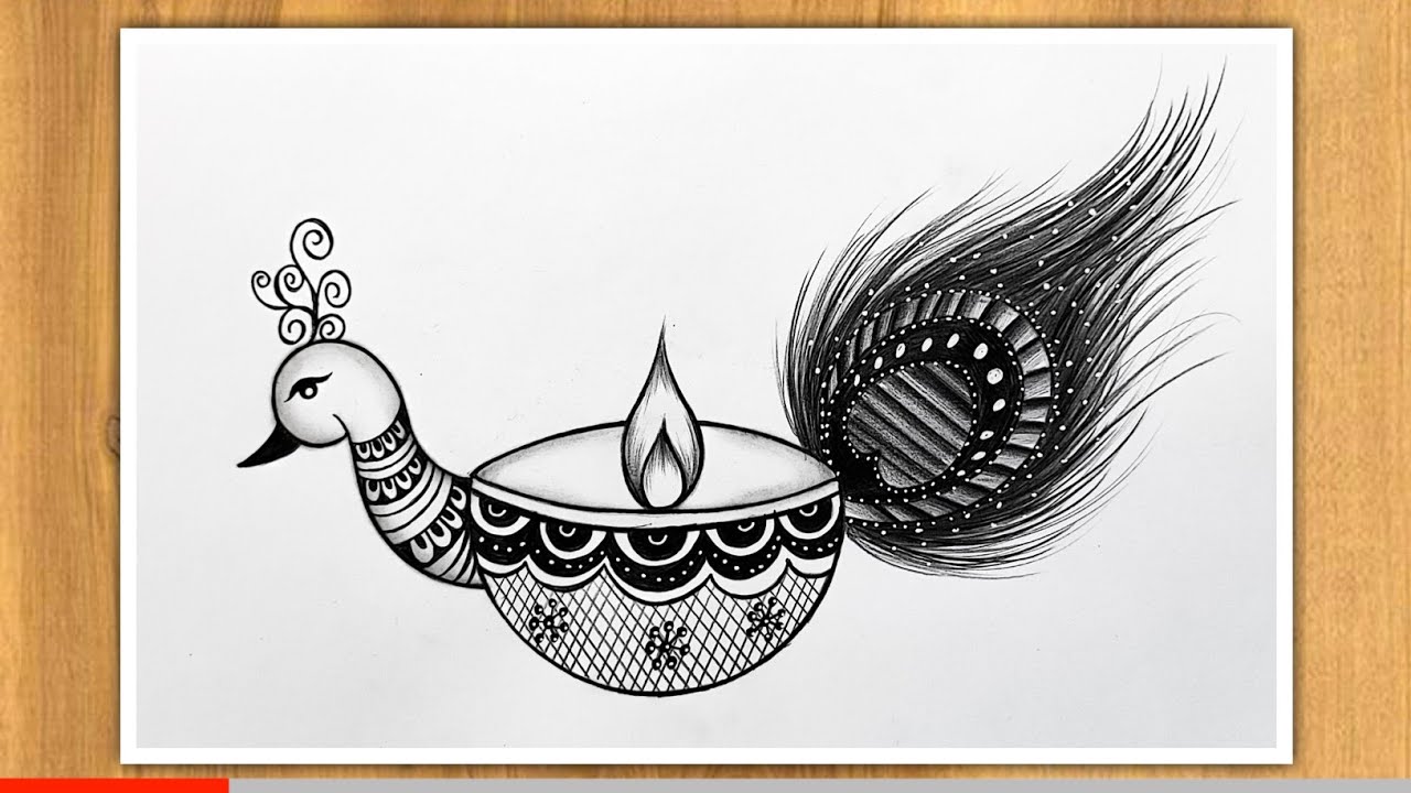 How To Draw Peacock With Diya | Diwali Drawing Easy | Diwali Easy ...