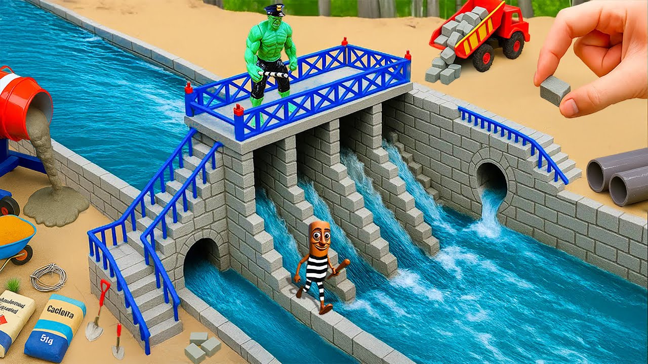 DIY Science Project Mini Bridge - Tractor Making Mini 6 Compartment Dam With Bricks Prevent ...