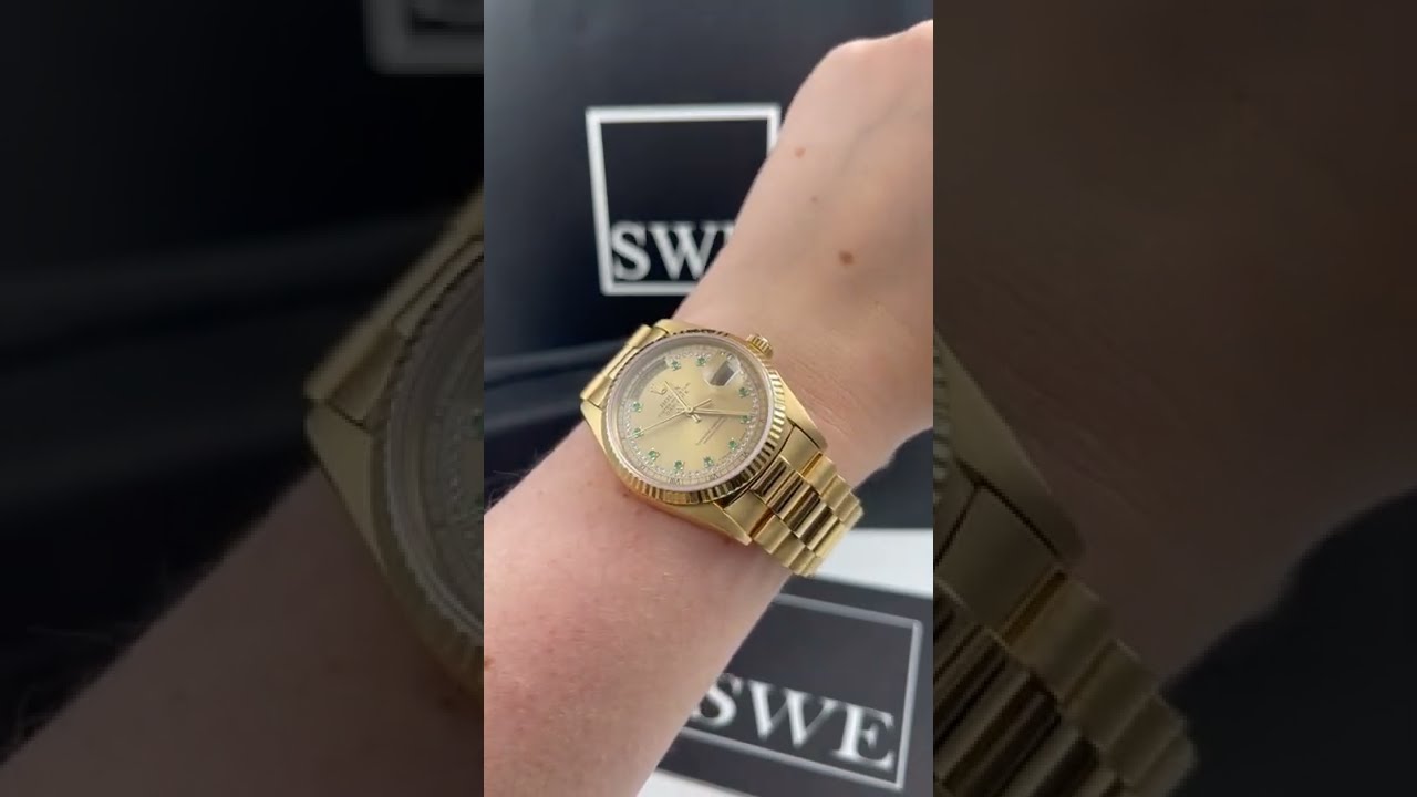 Rolex President Day Date Yellow Gold String Diamond Emerald Dial Watch ...