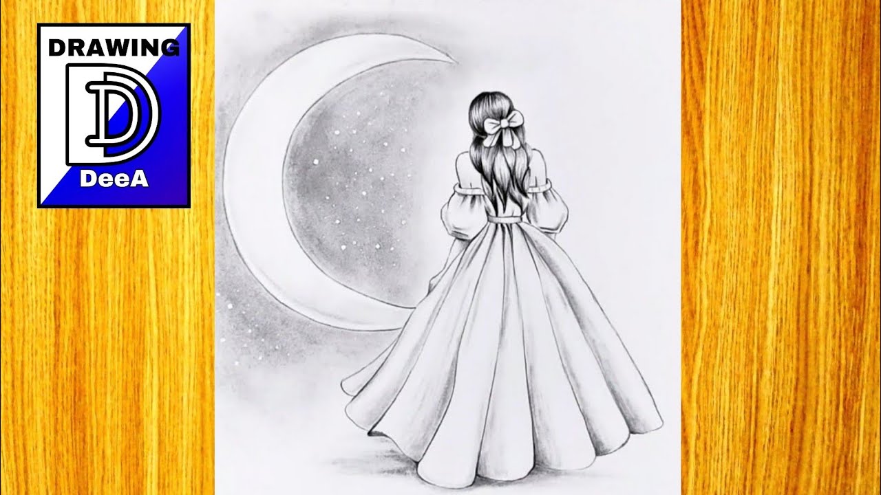 Girl with beautiful dress Drawing with pencil/ Moon scenery drawing ...