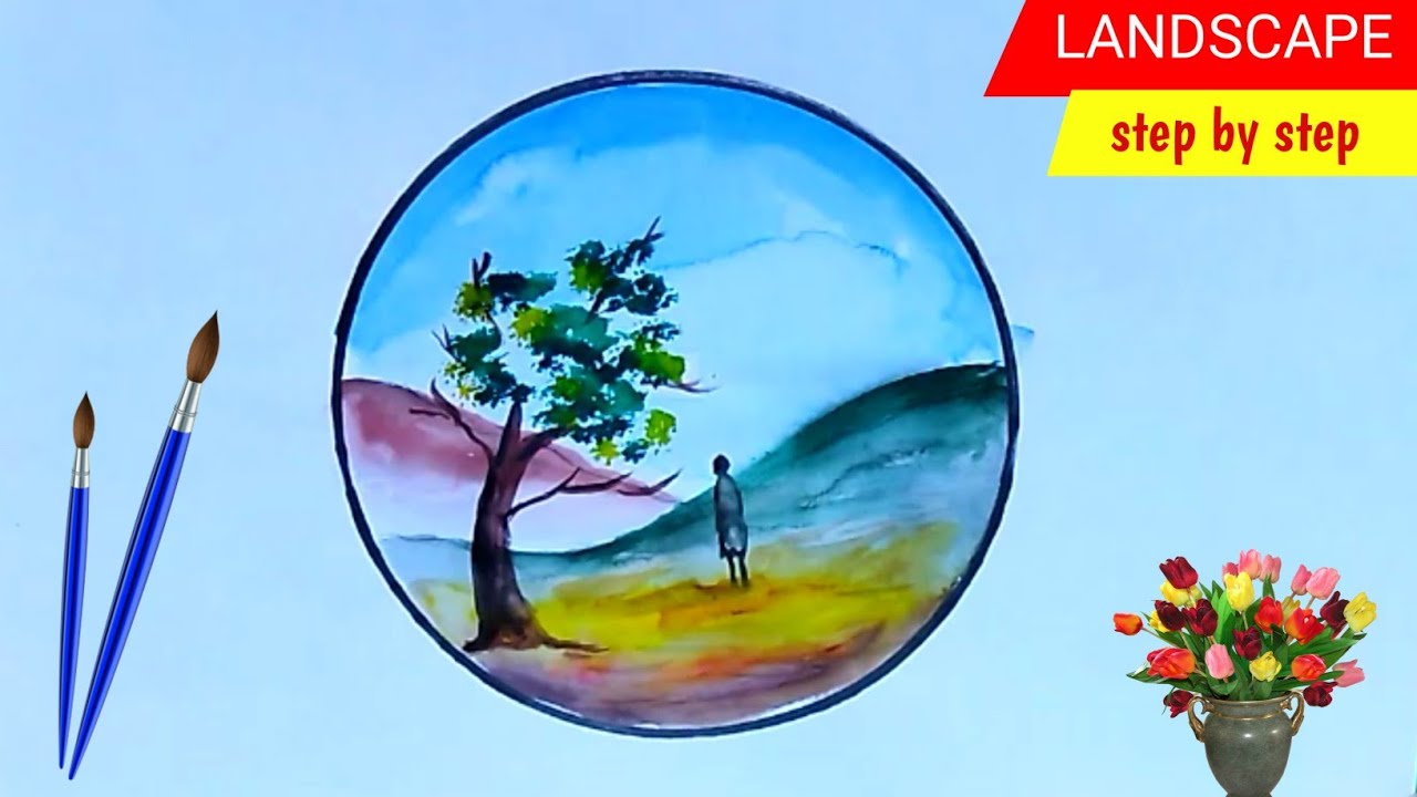 Circle scenery drawing painting || circle art painting || landscape ...