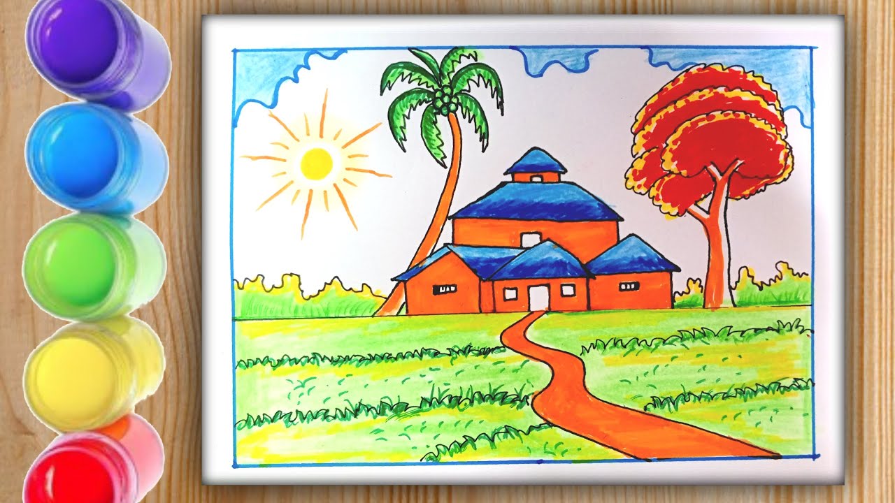 My Beautiful Village scenery drawing | ঘর আঁকা | pakka house drawing ...