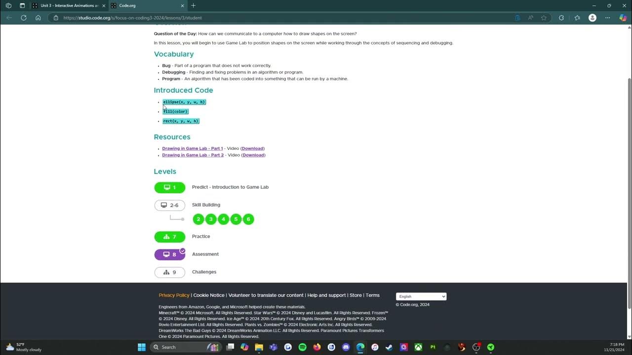 Code.org - CS Discoveries - Unit 3: Interactive Animations & Games: Lesson 3: Level 1 - YouTube