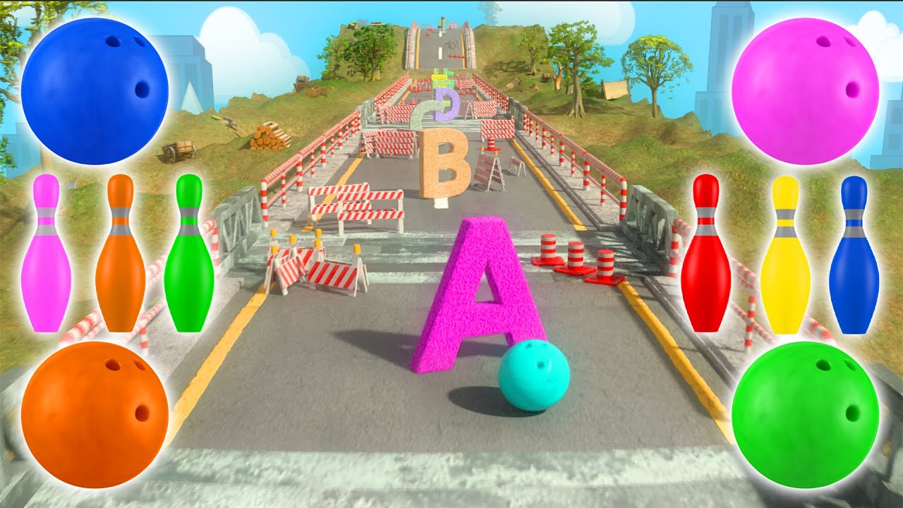 🎳🏁 Bowling Ball Smash Race! Learn Animals, Fruits & ABC with Kinetic ...