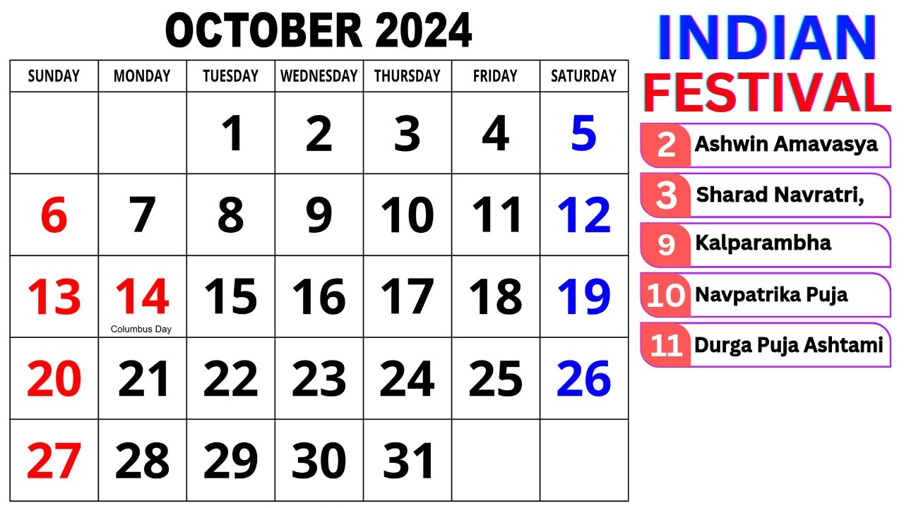 Calendar October 2024 | October Calendar 2024 with Holidays | October ...