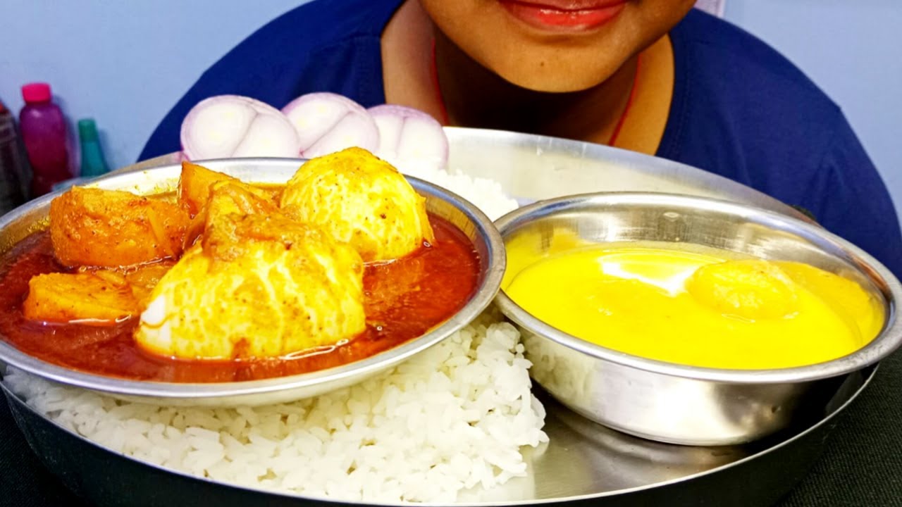 Eating Spicy Egg Aloo Curry Punjabi Kadhi Pakora Salad With Rice ...