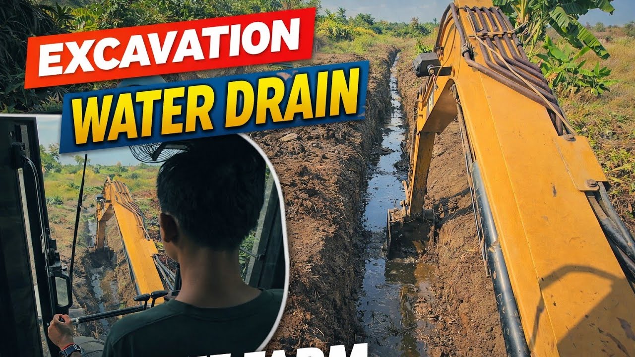 Excavator Digging Water Drainage at the Farm | Satisfying Trench ...