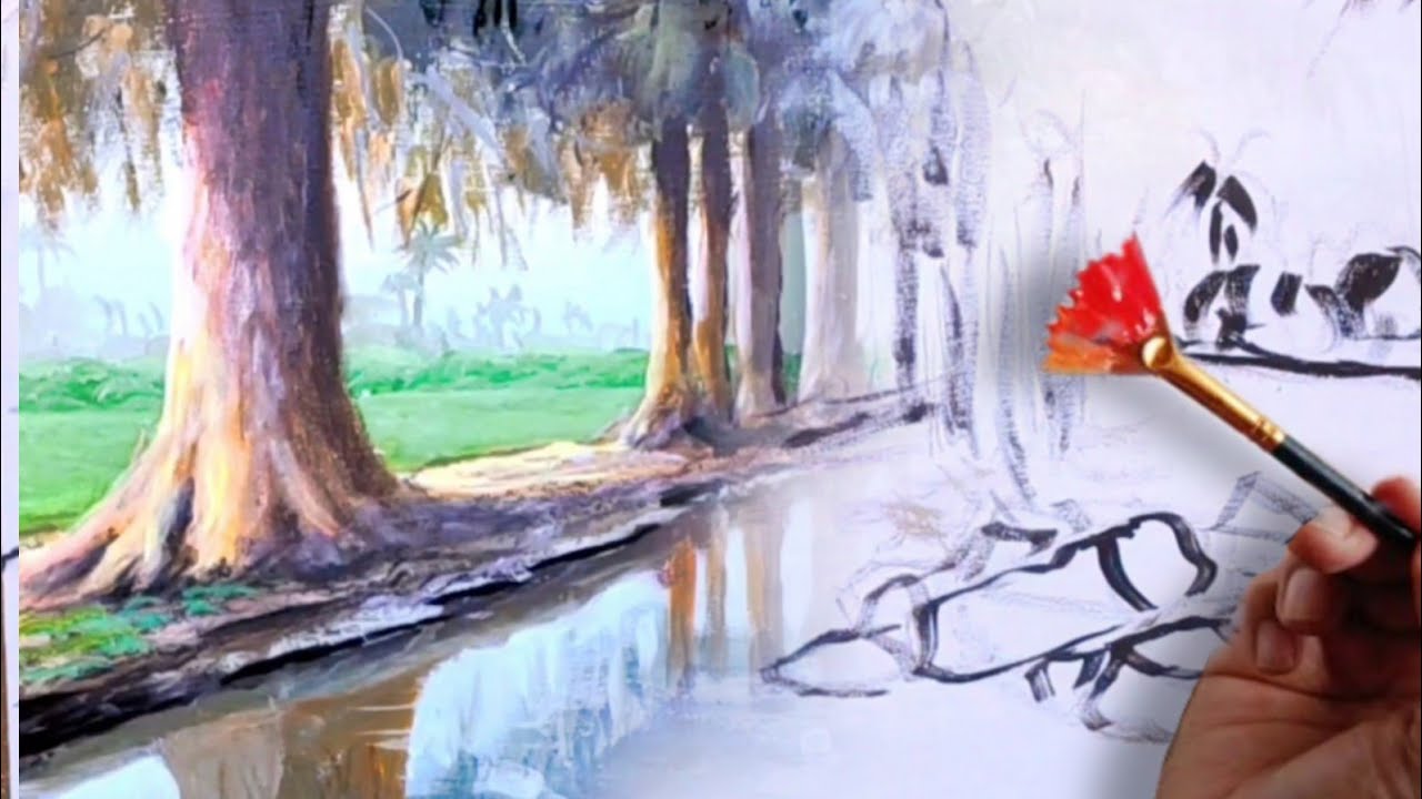 How to draw a tree/landscape for beginners in acrylic step by step ...