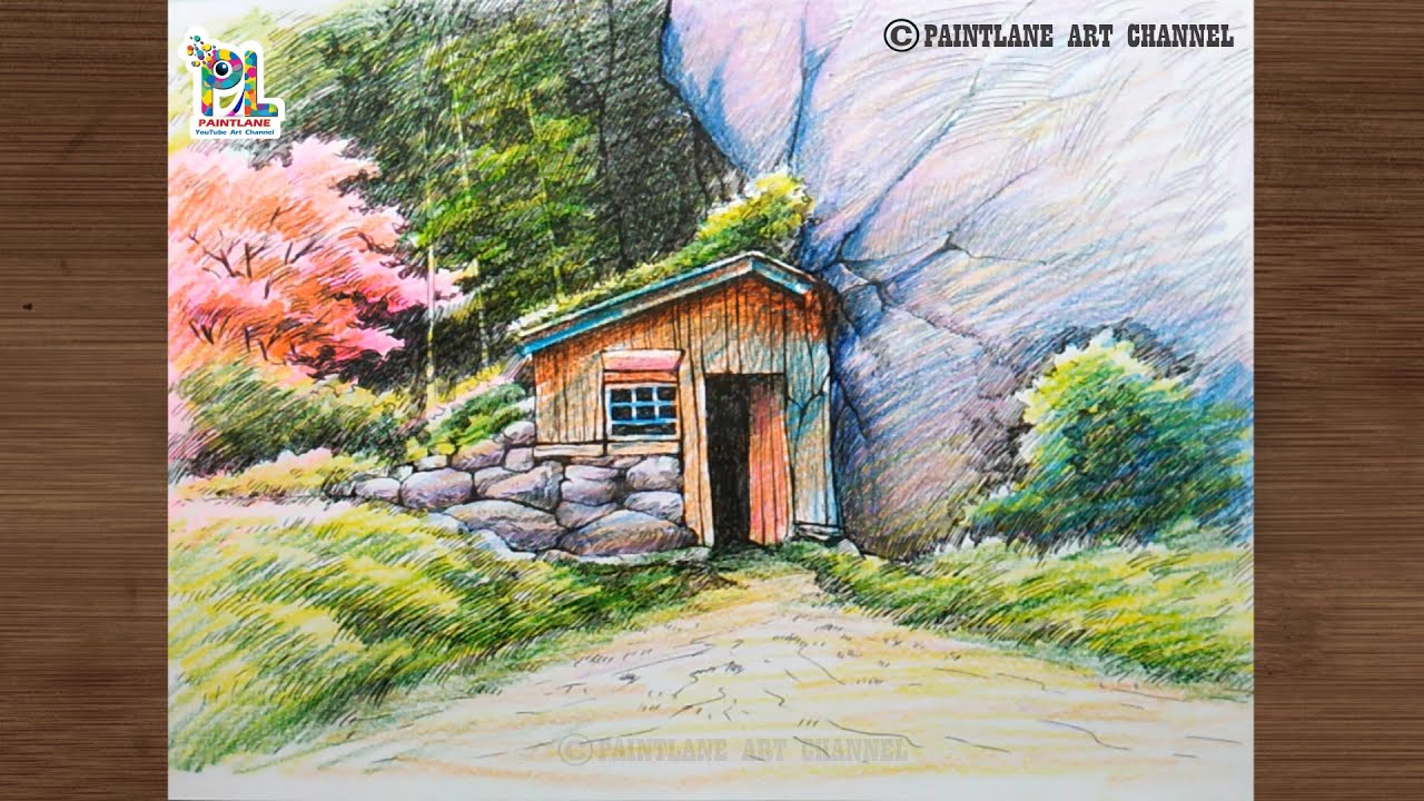 How to Draw Wooden Cabin at Big Rock In Landscape With Pen Drawing and ...