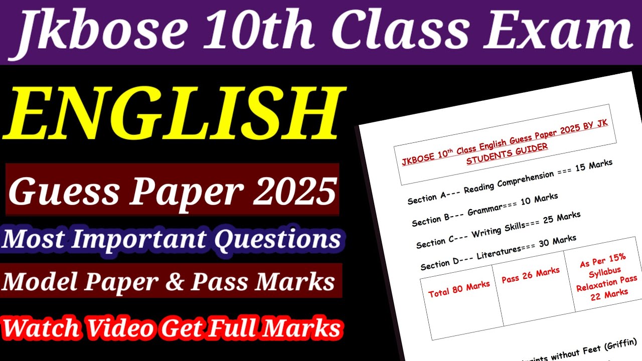 JKBOSE 10th Class English Guess Paper 2025 | Most Important Questions ...