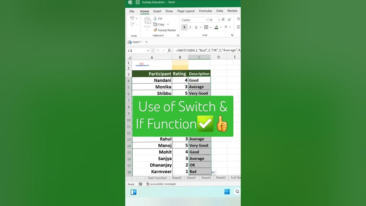 Switch and If function of Excel | Advance excel tricks #shortsfeed #excel #shortsfeed - YouTube