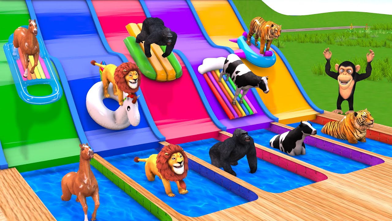 Long Slide Game With Cow Gorilla Tiger Lion Horse Animals Play ...