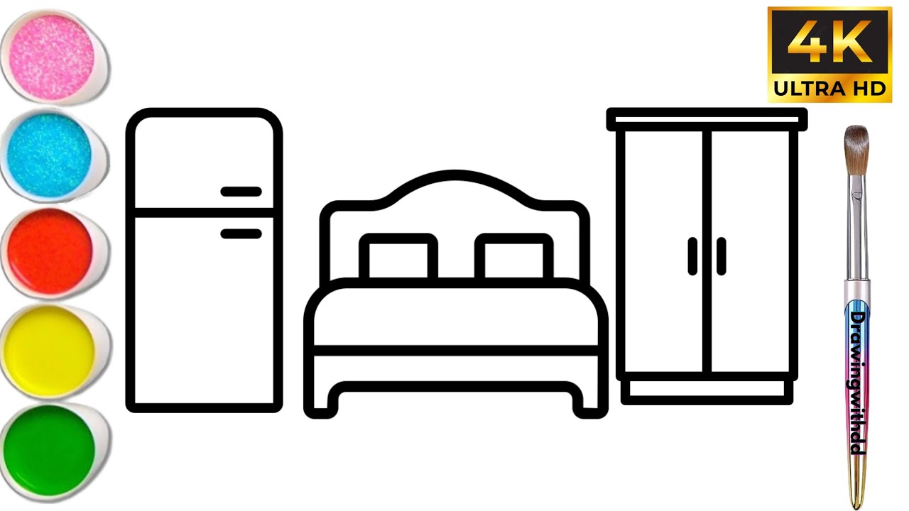 How to draw a bedroom || how to draw a fridge , bed , wardrobe || easy ...