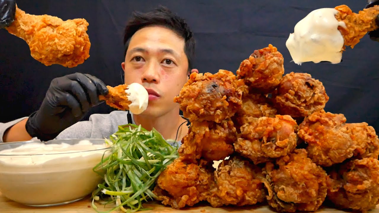 Korean Fried Chicken With Green Onions Mukbang ASMR Eating Sounds - YouTube