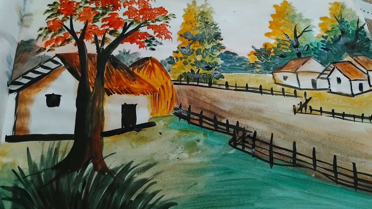 দৃশ্য আঁকা /How to draw prakritik drishya /Beautiful scenery drawing ...
