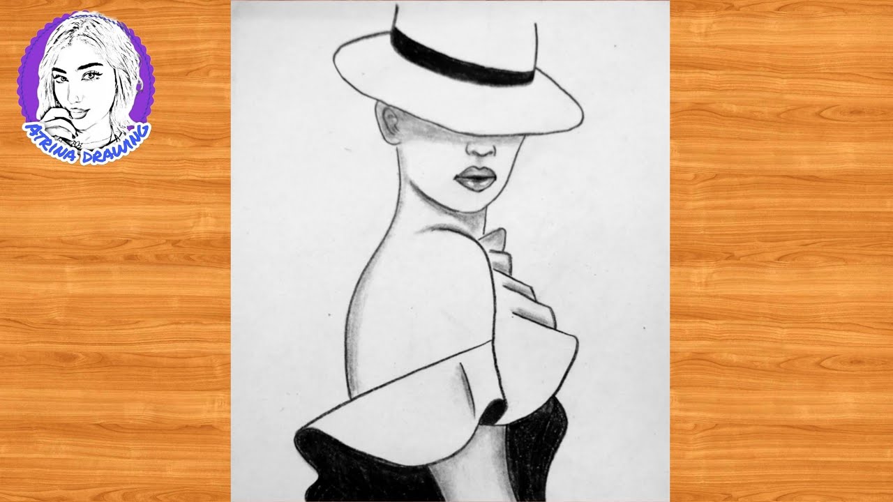 lady with a hat drawing // How to draw lady with a hat step by step ...